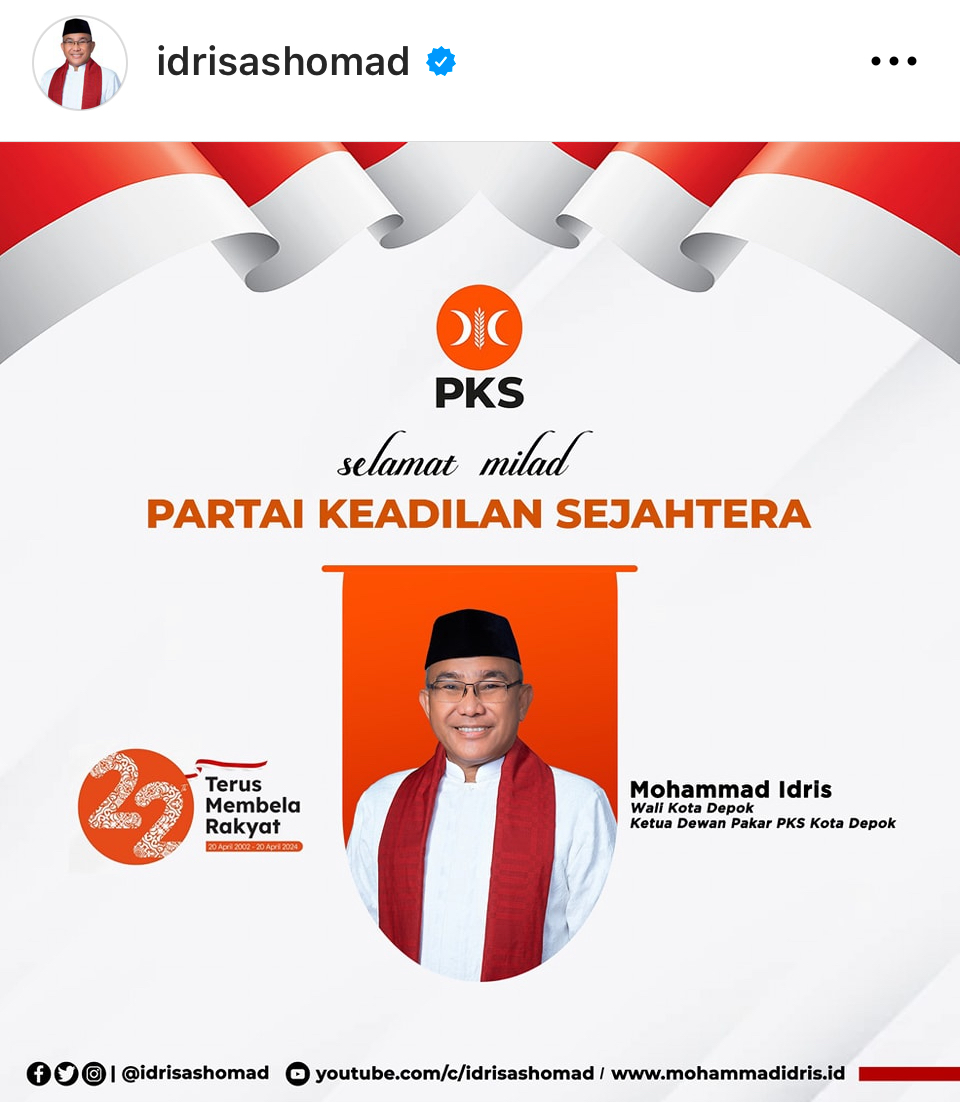 Idris Unggah Foto Ucapan Selamat Milad ke-22 PKS: Terus Membela Rakyat ...